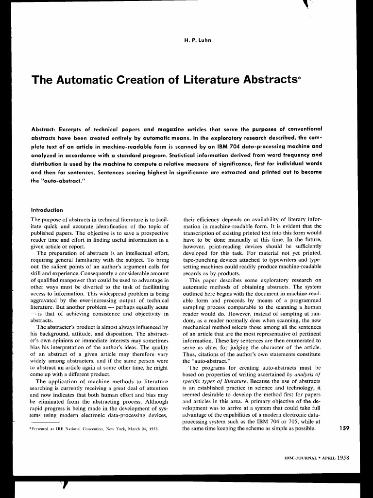 1958 - The Automatic Creation of Literature Abstracts | PDF | Abstract ...