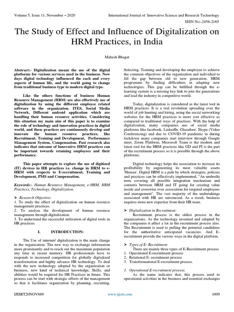The Study of Effect and Influence of Digitalization On HRM Practices ...