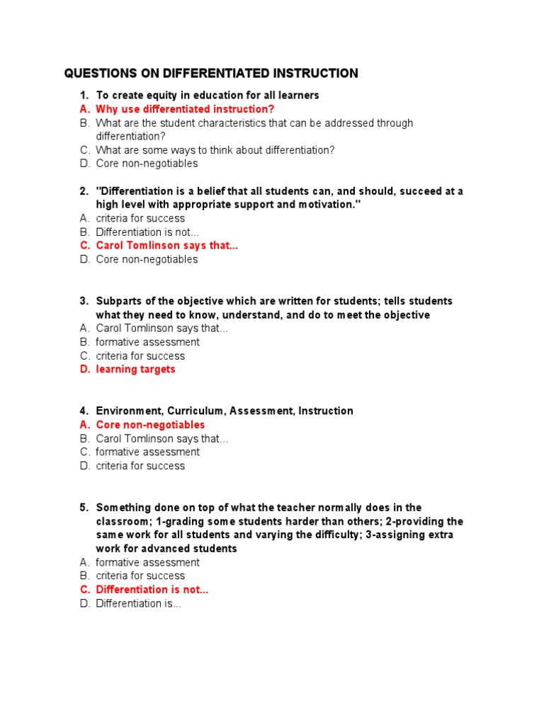 Questions on Differentiated Instruction | PDF | Differentiated ...