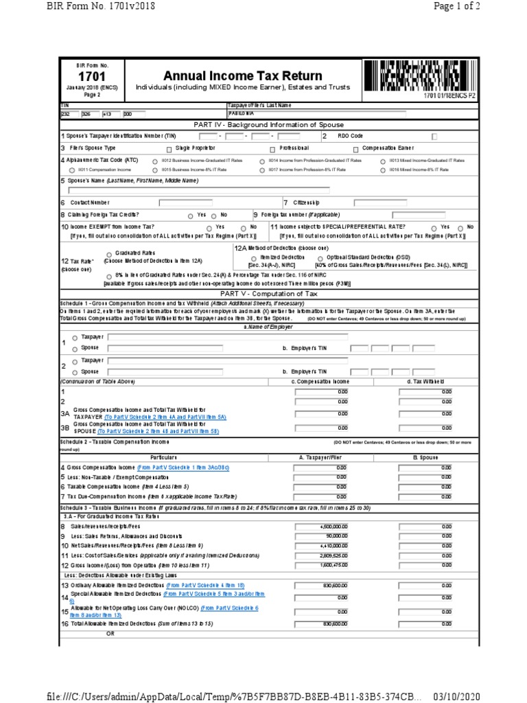1701 Annual Income Tax Return: Individuals (Including MIXED Income ...