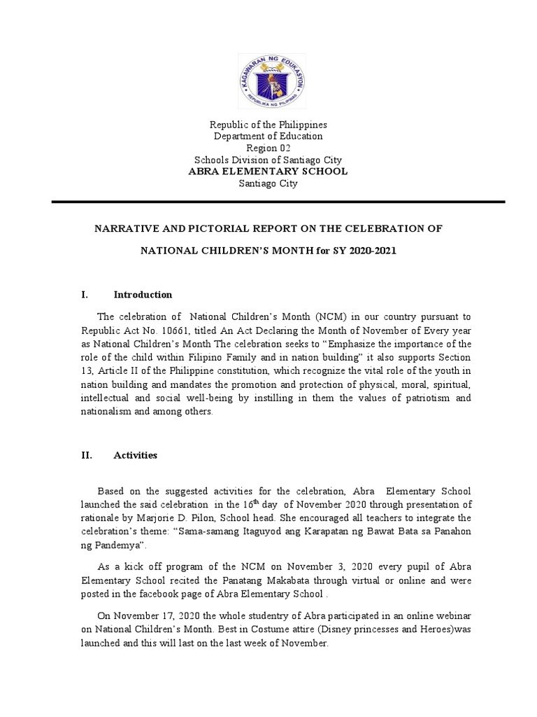 Narrative Report Childrens Month | PDF | Behavior Modification | Learning