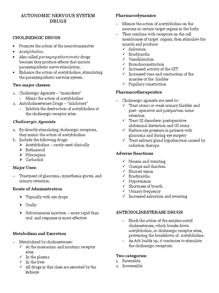 Autonomic Nervous System Drugs | PDF | Acetylcholine | Norepinephrine