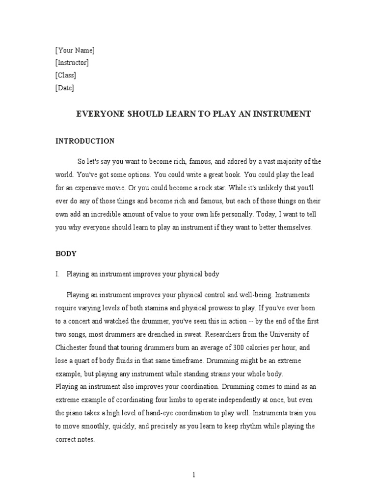 Why Everyone Should Learn To Play An Instrument Persuasive | PDF | Mind ...