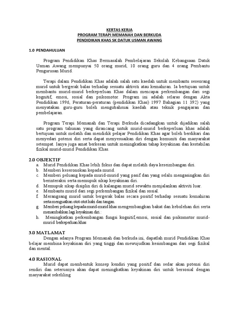 KERTAS KERJA Program Terapi Memanah Dan Berkuda | PDF