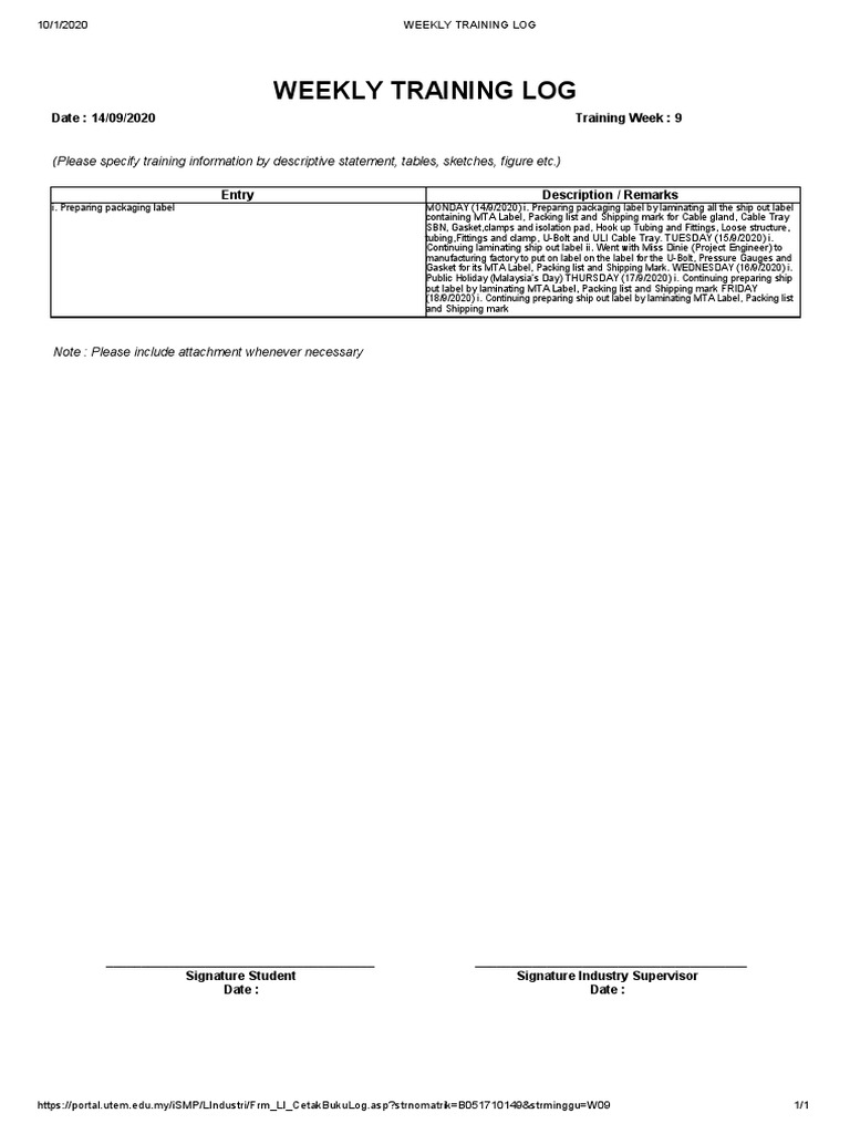 Weekly Training Log: (Please Specify Training Information by ...