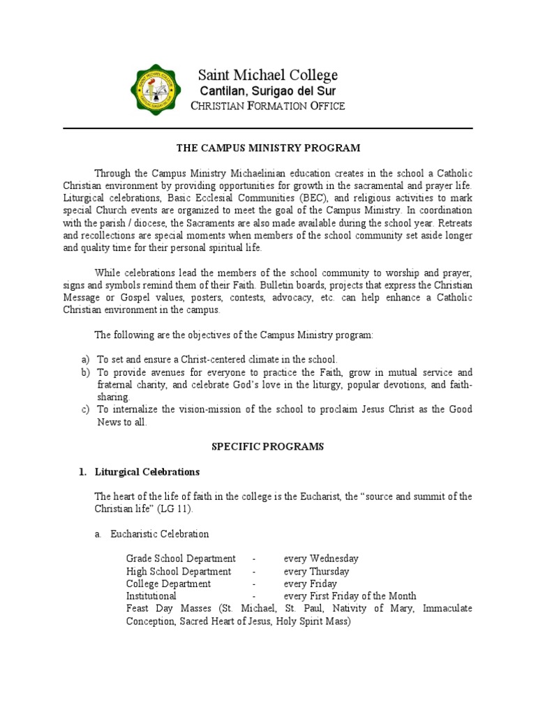 Campus Ministry Program | PDF | Mass (Liturgy) | Eucharist