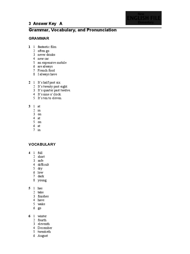 3 Answer Key A Grammar, Vocabulary, and Pronunciation | PDF | Speech ...