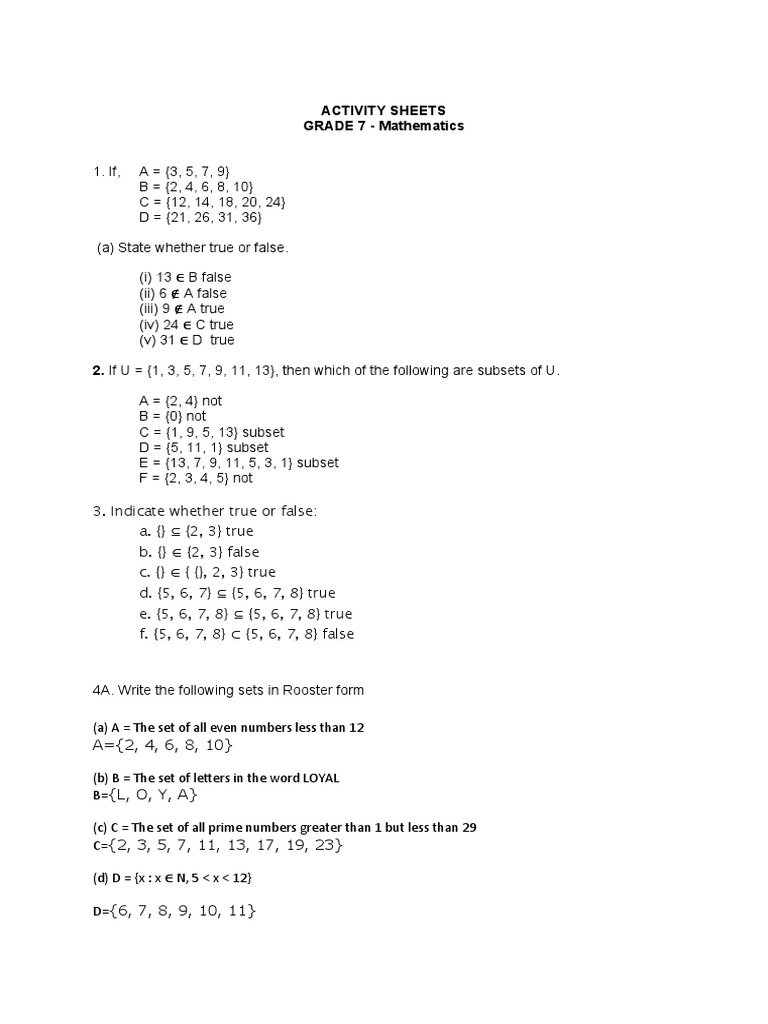 Activity Sheets GRADE 7 - Mathematics: A (2, 4, 6, 8, 10) (L, O, Y, A ...