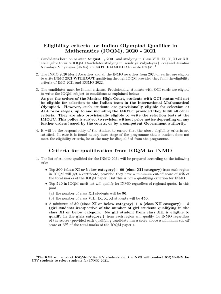 Eligibility Criteria For Indian Olympiad Qualifier in Mathematics (IOQM ...