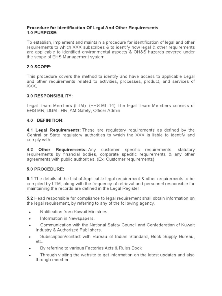 (OHS) Procedure For Identification of Legal and Other | PDF ...