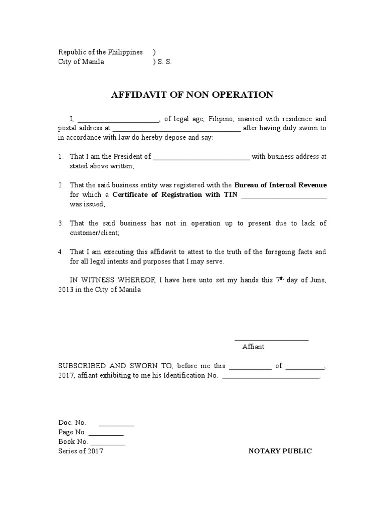 Affidavit of Non Operation
