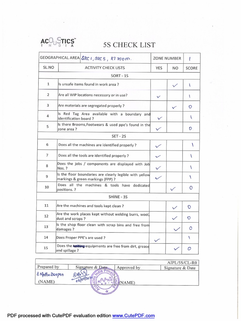 Zone 1 - 5S Check List | PDF