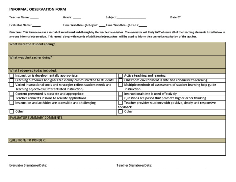 Informal Classroom Observation Form | PDF | Career & Growth