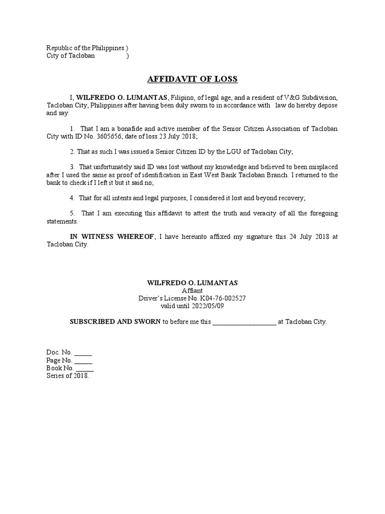 Affidavit of Loss (OSCA ID) | PDF