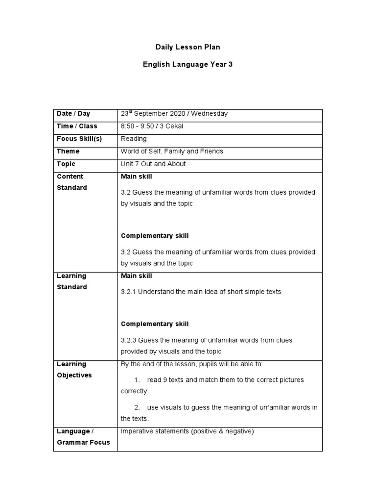Daily Lesson Plan English Language Year 3: Date / Day Time / Class ...