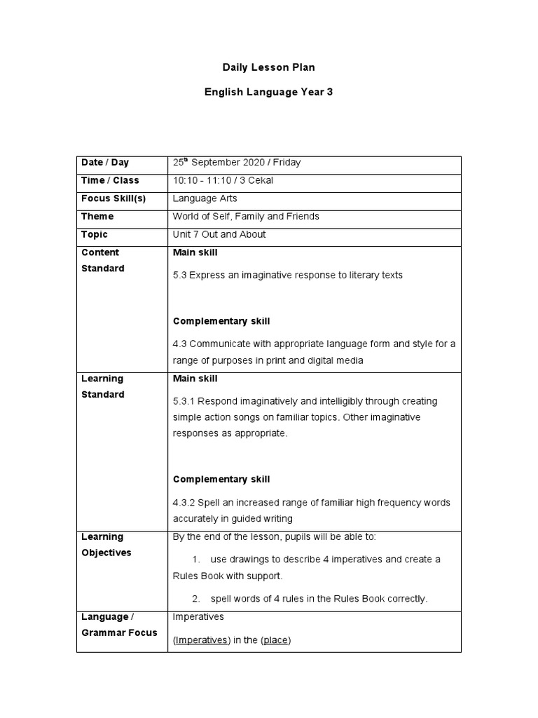 Daily Lesson Plan English Language Year 3: Date / Day Time / Class ...