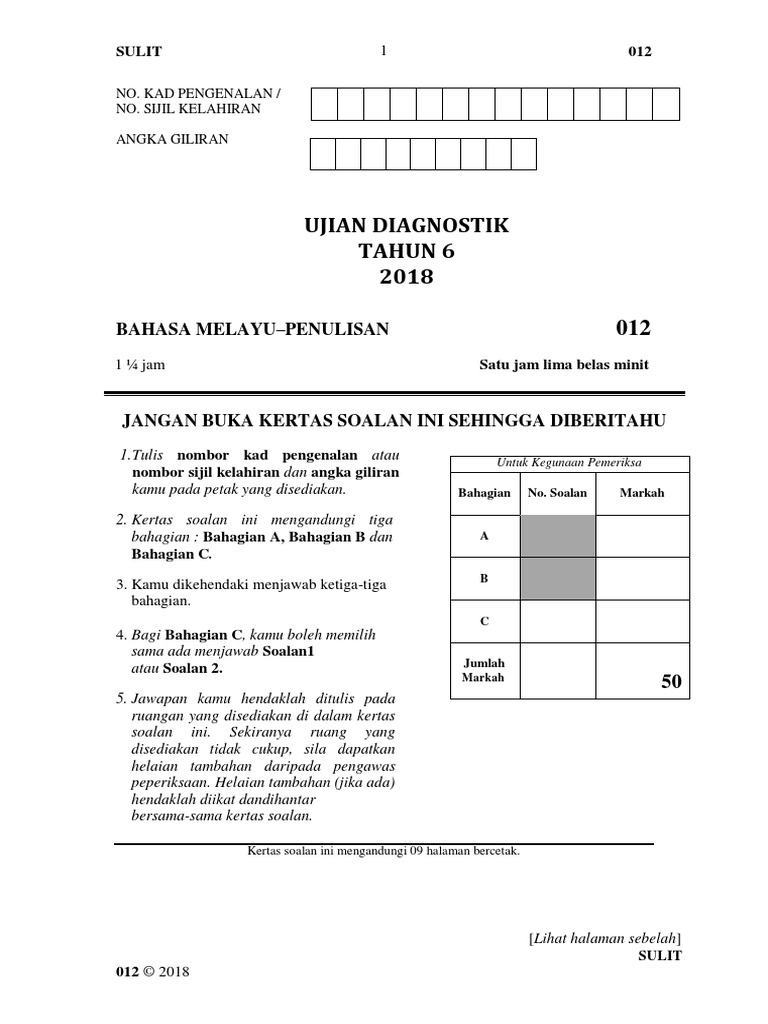 5 Ujian Diagnostik Bm Penulisan Tahun 6 2018 Pdf