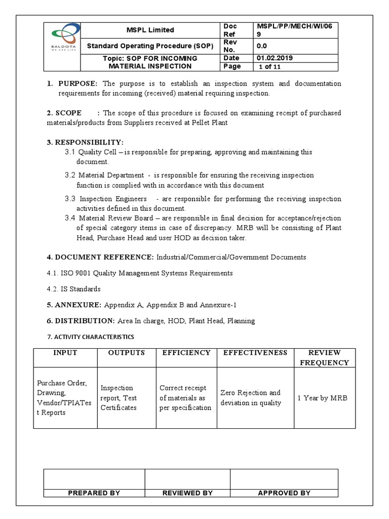 SOP For Incoming Material Inspection | Download Free PDF | Specification (Technical Standard ...
