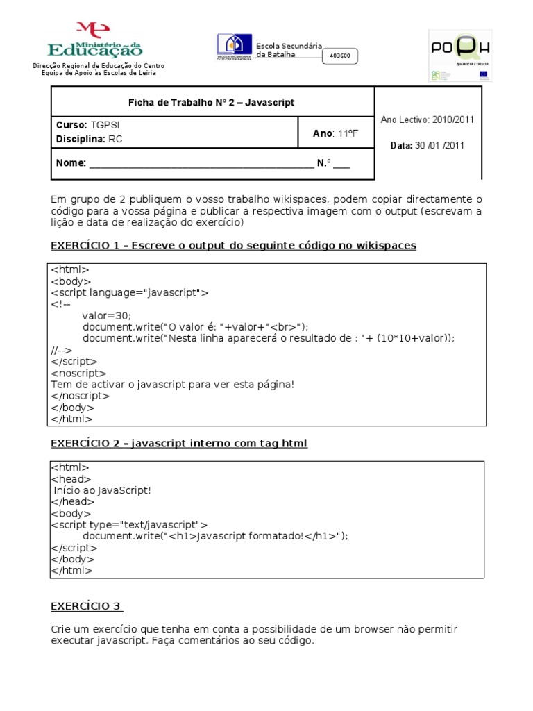 Exercícios de JavaScript para Alunos do 11º Ano | PDF