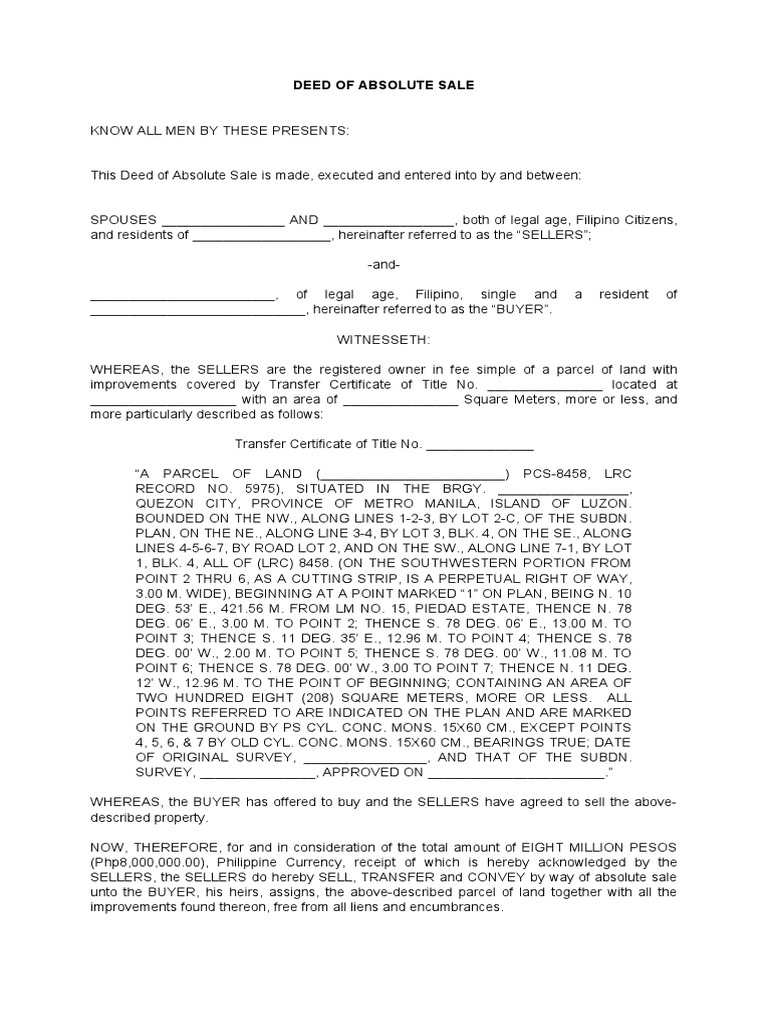 DEED OF ABSOLUTE SALE - Sample | PDF | Property Law | Common Law