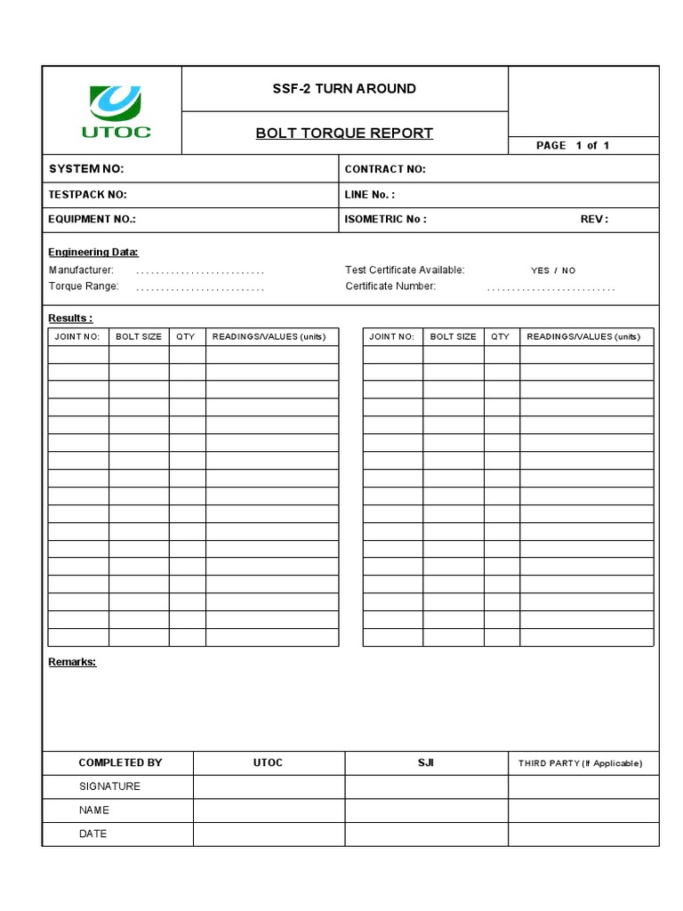 Bolt Torque Report: Ssf-2 Turn Around | PDF