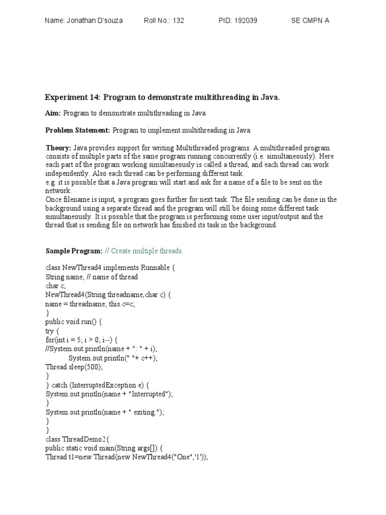 Experiment 14 - 132 | PDF | Thread (Computing) | Java (Programming Language)