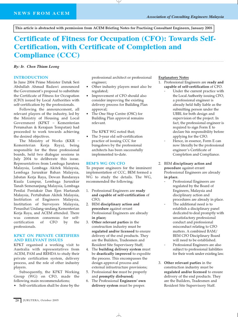 Certificate of Fitness For Occupation (CFO) : Towards Self ...