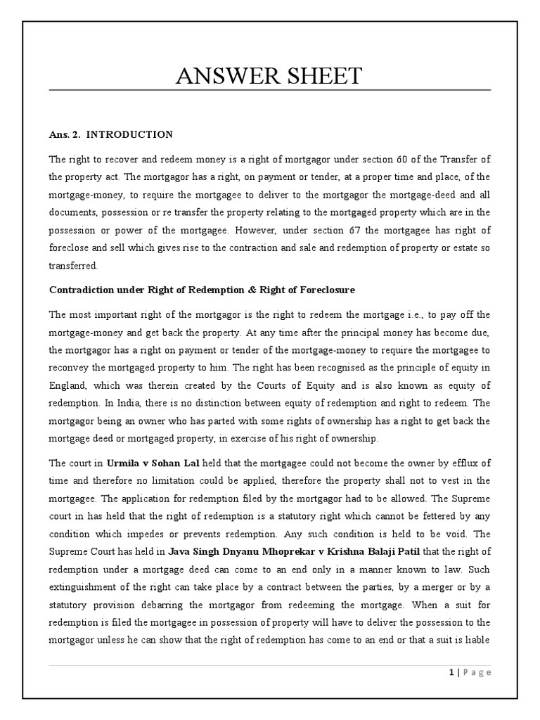Answer Sheet: Ans. 2. Introduction | PDF | Mortgage Law | Foreclosure