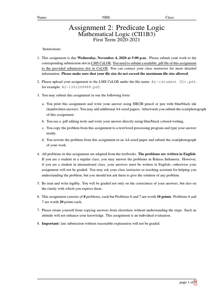 Assignment 2: Predicate Logic: Mathematical Logic (CII1B3) | PDF | Logic | Cognitive Science