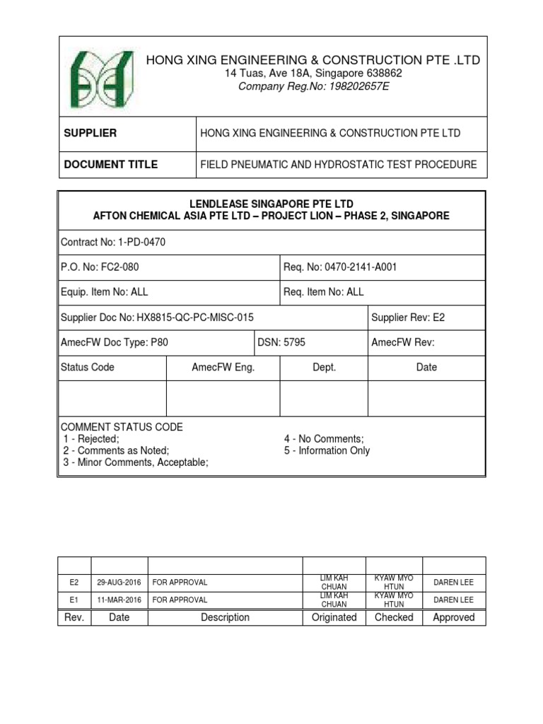 Pneumatic & Hydrostatic Test Procedure | PDF | Building Engineering ...