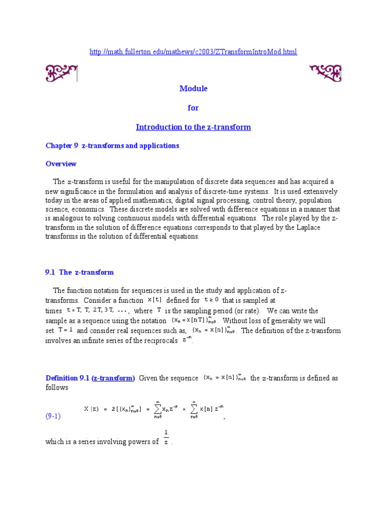 For Introduction To The Z-Transform: Chapter 9 Z-Transforms and Applications | PDF | Recurrence ...