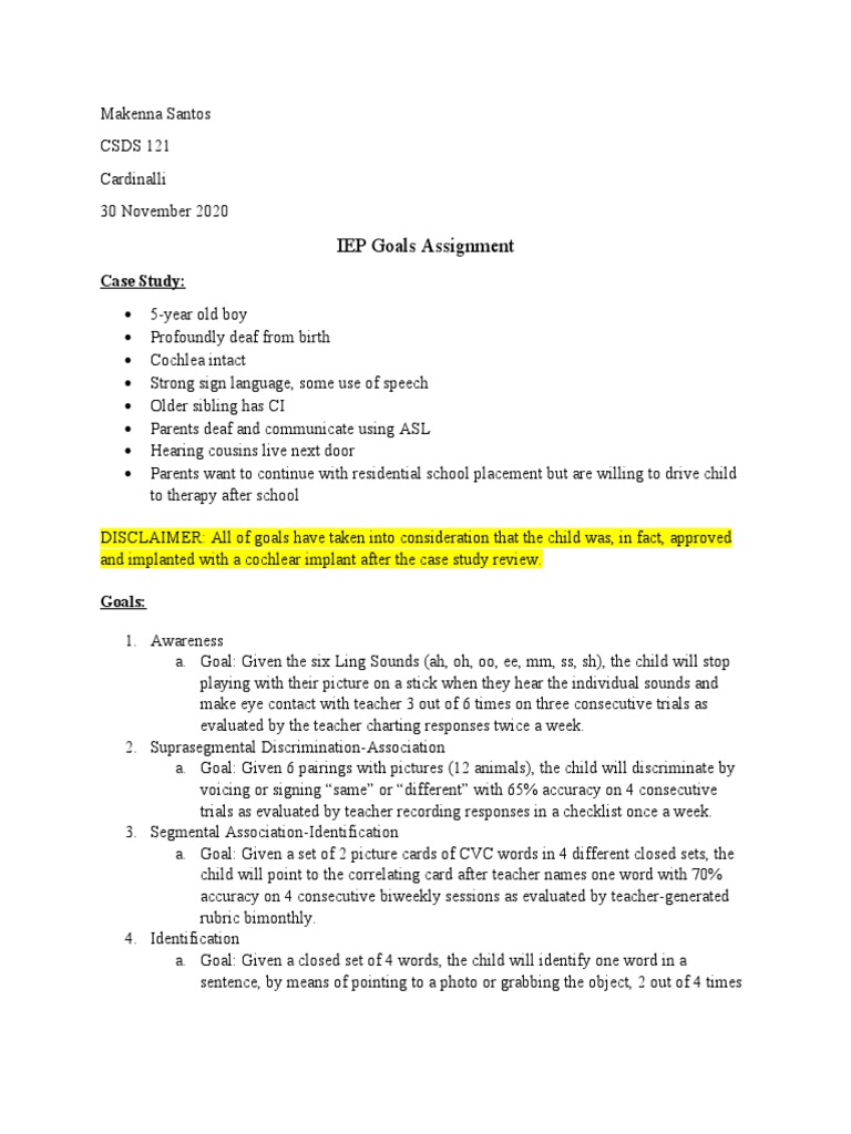 IEP Goals Assignment: Case Study | PDF | Moana (2016 Film) | Hearing Loss