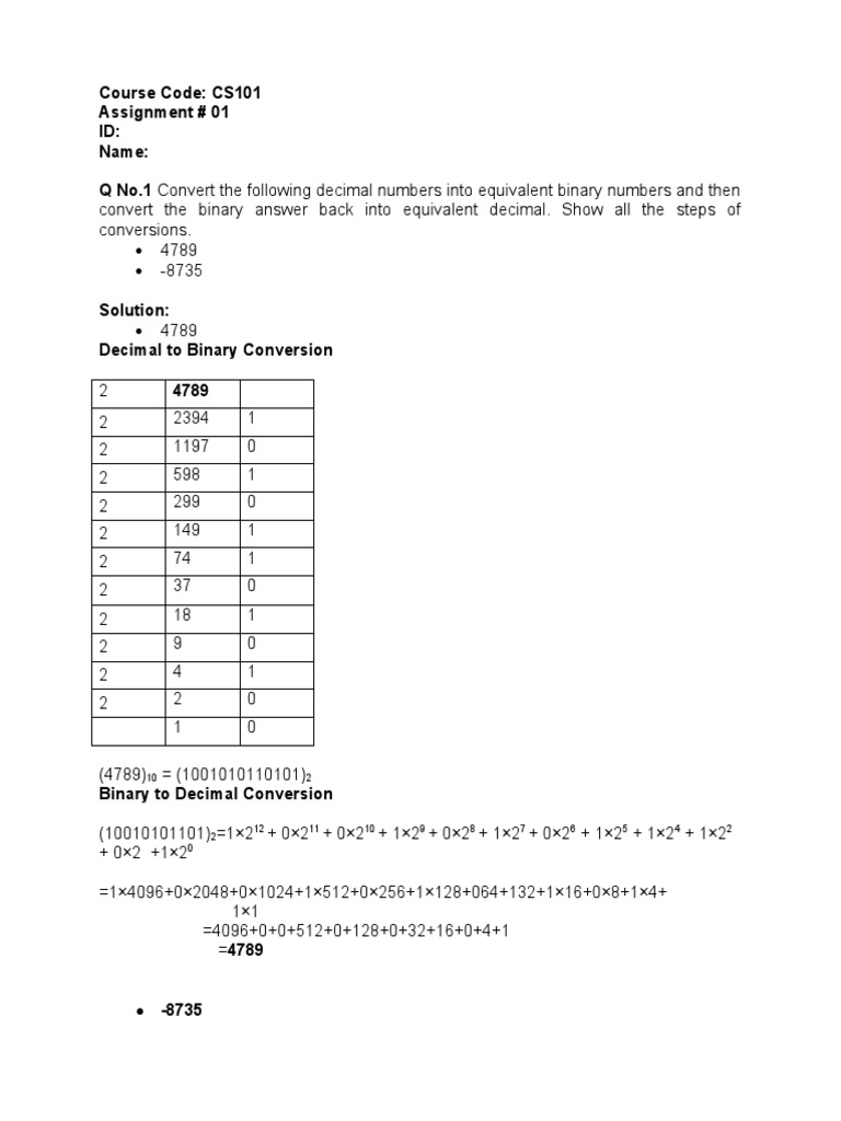 Course Code Cs101 Assignment 01 Id Name Q No 1 Convert The Following Decimal Numbers Into