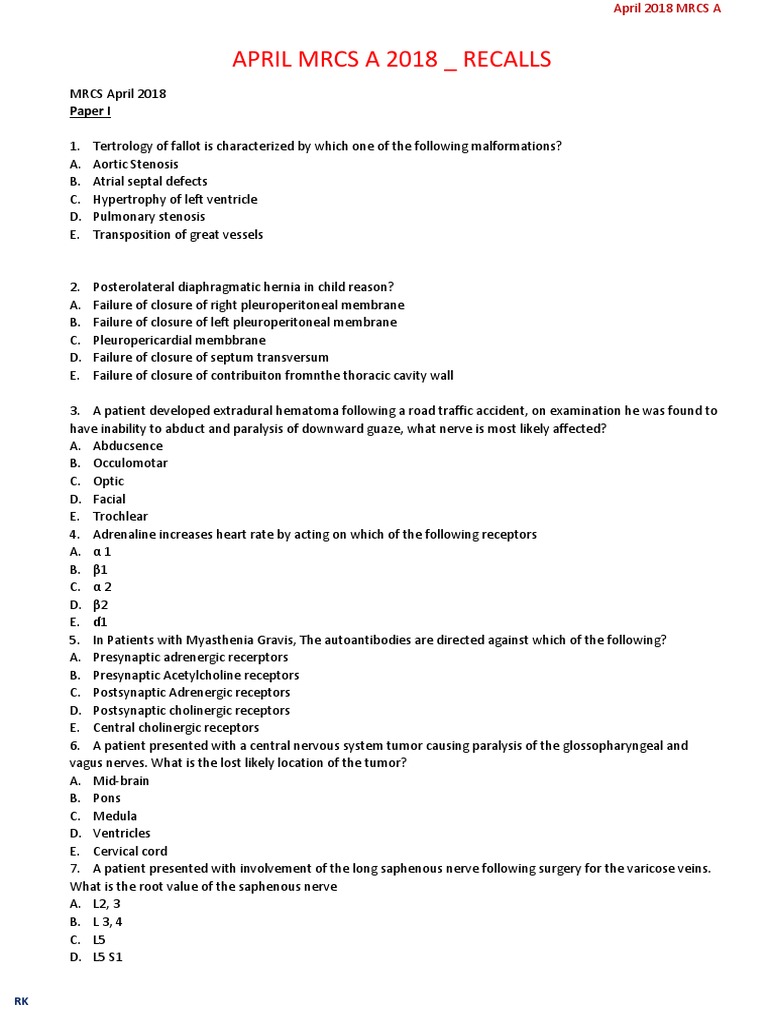 April Mrcs A 2018 - Recalls: Paper I | PDF | Aorta | Thumb
