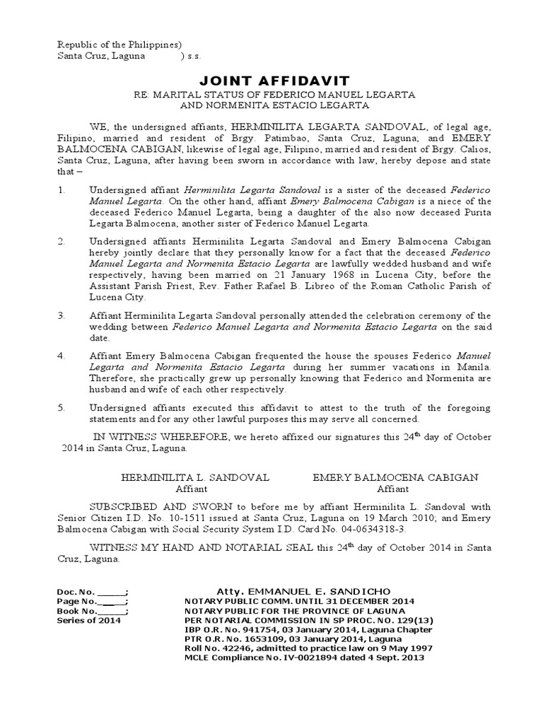 Joint Affidavit Re Marital Status | PDF | Affidavit | Notary Public