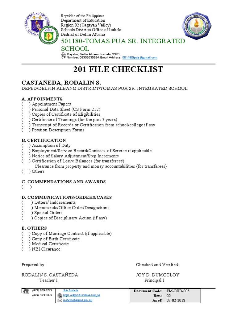 201 File Checklist: 501180-Tomas Pua Sr. Integrated School | PDF ...