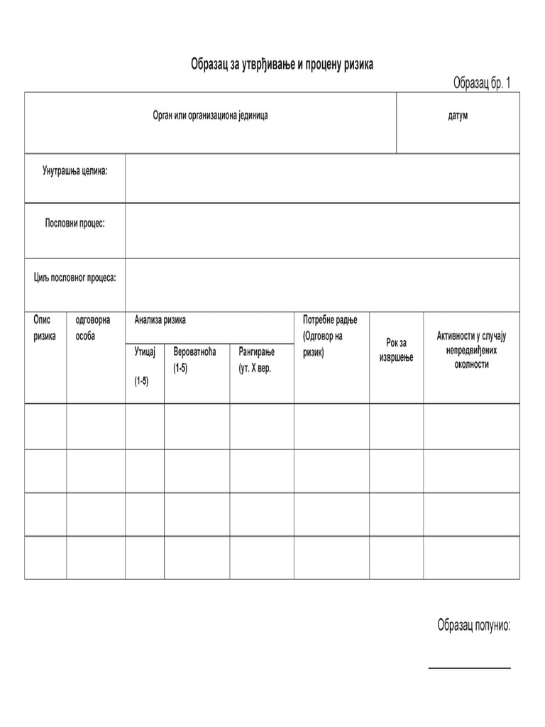 Obrazac Br. 1 - Obrazac Za Utvrdjivanje I Procenu Rizika ID 3765 | PDF