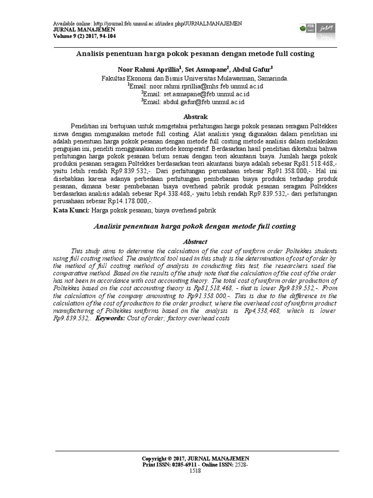 Analisis Penentuan Harga Pokok Pesanan Dengan Metode Full Costing | PDF