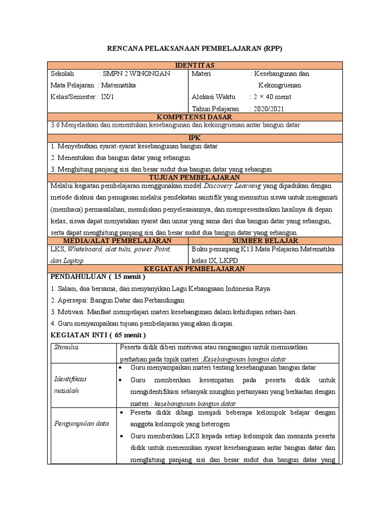 RPP 1 Lembar Materi Kesebangunan Dan Kekongruenan | PDF | Karier & Perkembangan