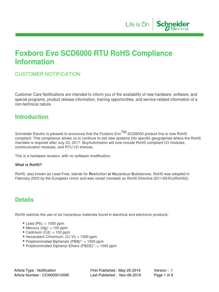Foxboro Evo SCD6000 RTU RoHS Compliance Information - 20191106 - R1 | PDF | Electronics | Computing