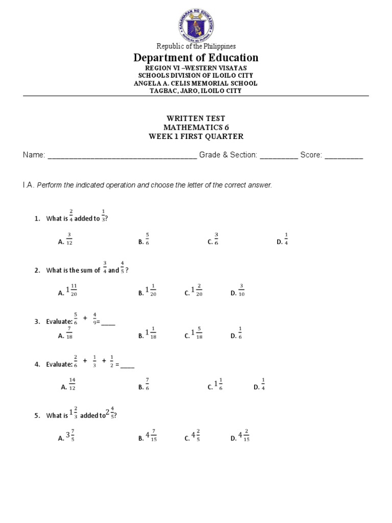 Math 6 Written Test 1 and 2 | PDF | Learning | Cognition