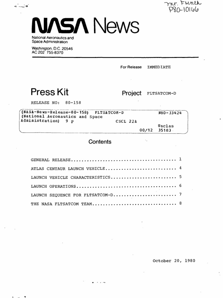 NASA News: Pr0SS Kit Project FLTSATCOM-D | PDF | Centaur (Rocket Stage ...