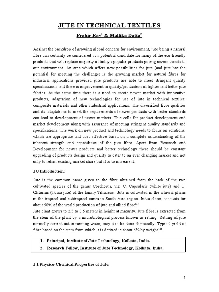 Jute in Technical Textiles: Prabir Ray & Mallika Datta | PDF | Jute ...