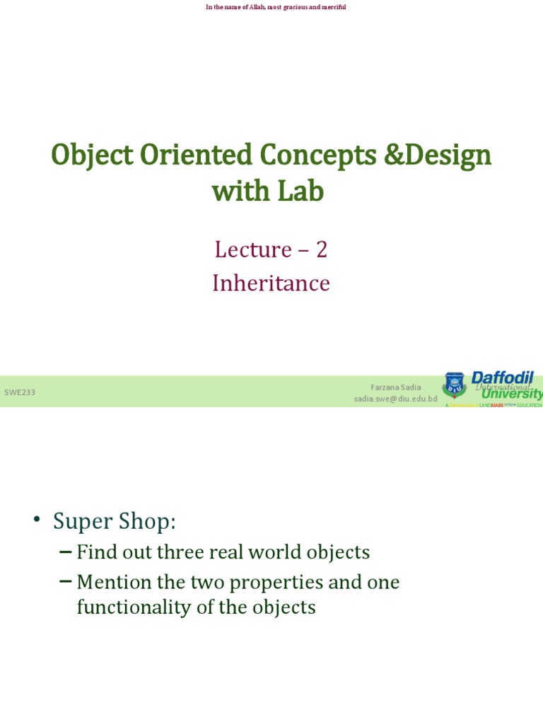 Object Oriented Concepts Anddesign With Lab Lecture 2 Inheritance Pdf Inheritance Object