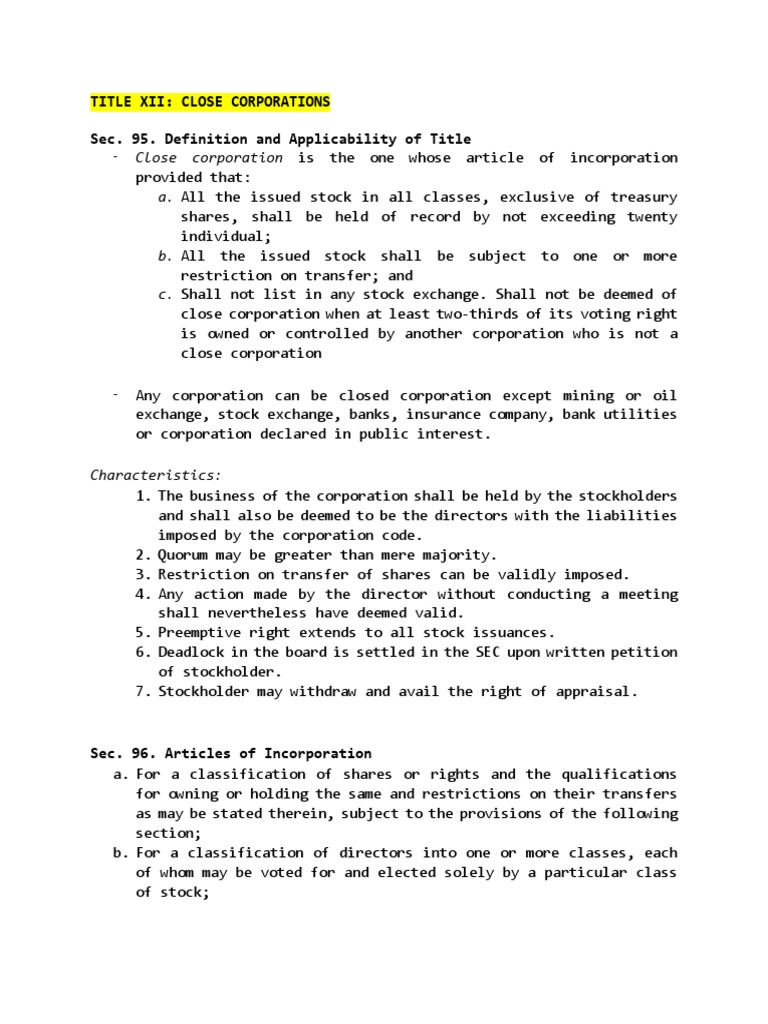 Close Corporations in the Philippines | PDF | Corporations | Stocks