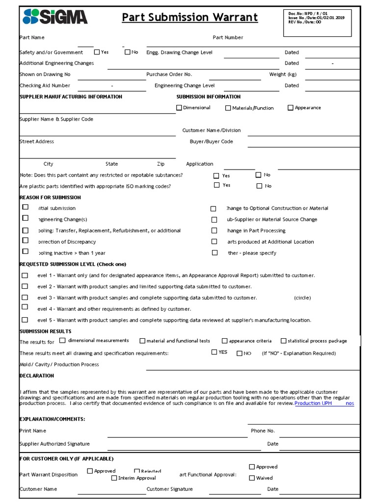 Part Submission Warrant: Requesting Approval to Manufacture a New ...