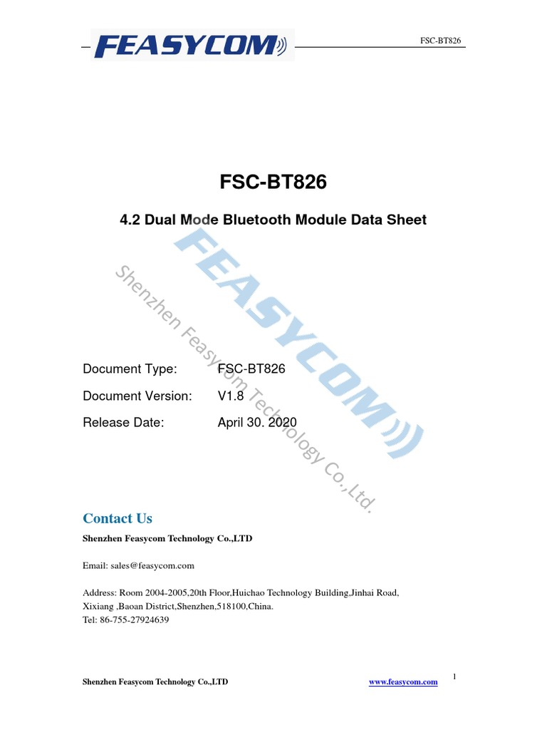 Shenzhen Feasycom Technology Co.,Ltd.: FSC-BT826 | PDF | Analog To Digital Converter | Data ...