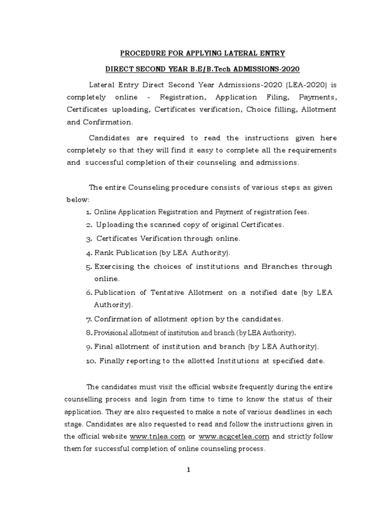 Procedure For Applying Lateral Entry Direct Second Year B.E/B.Tech ...