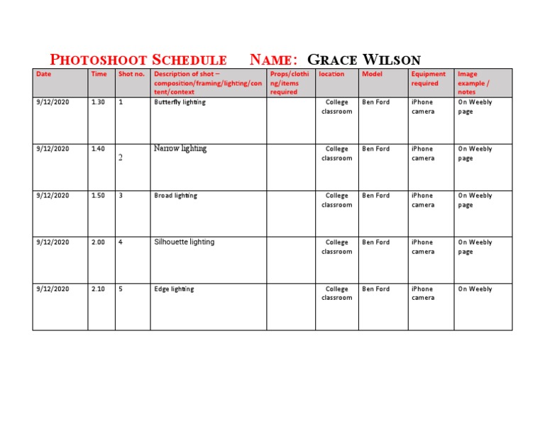 Grace Wilson Photoshoot Schedule | PDF