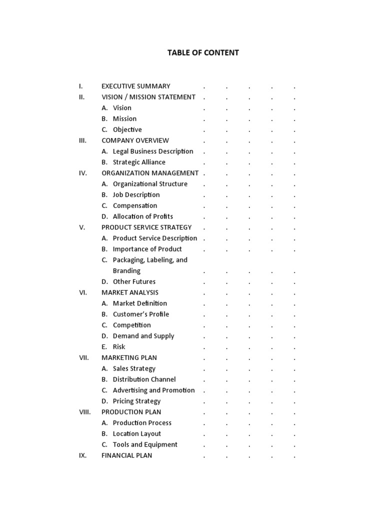 TABLE OF CONTENT For Business Plan SAMPLE | PDF | Media Manipulation ...